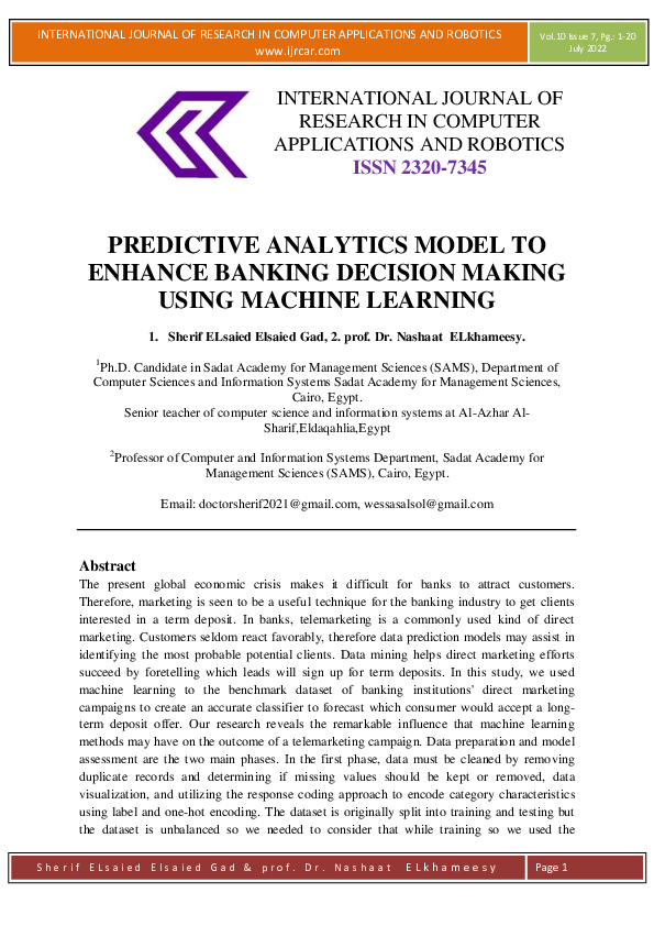 Pdf Predictive Analytics Model To Enhance Banking Decision Making Using Machine Learning