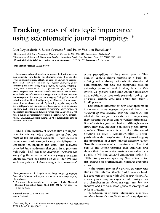 Pdf Tracking Areas Of Strategic Importance Using Scientometric Journal Mappings