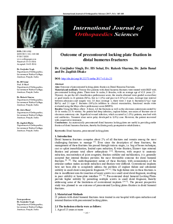 Pdf Outcome Of Precontoured Locking Plate Fixation In Distal Humerus