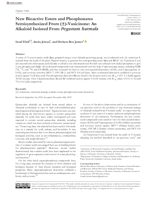 (PDF) New Bioactive Esters and Phosphonates Semisynthesized From (± ...