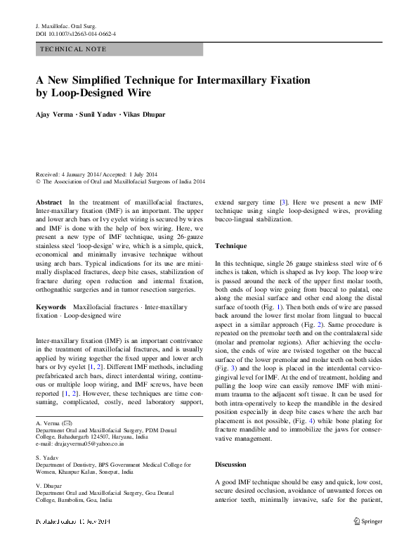 (PDF) A New Simplified Technique for Intermaxillary Fixation by Loop ...
