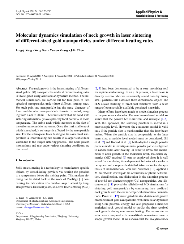 (PDF) Molecular dynamics simulation of neck growth in laser sintering ...
