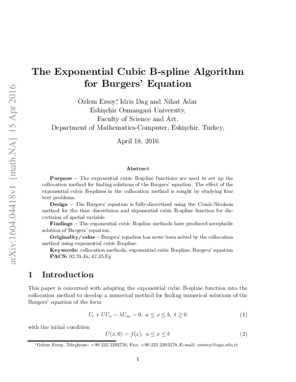 Pdf The Exponential Cubic B Spline Algorithm For Burgerss Equation