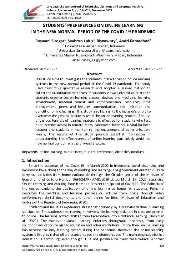 (PDF) Students’ Preferences on Online Learning in the New Normal Period of the COVID-19 Pandemic