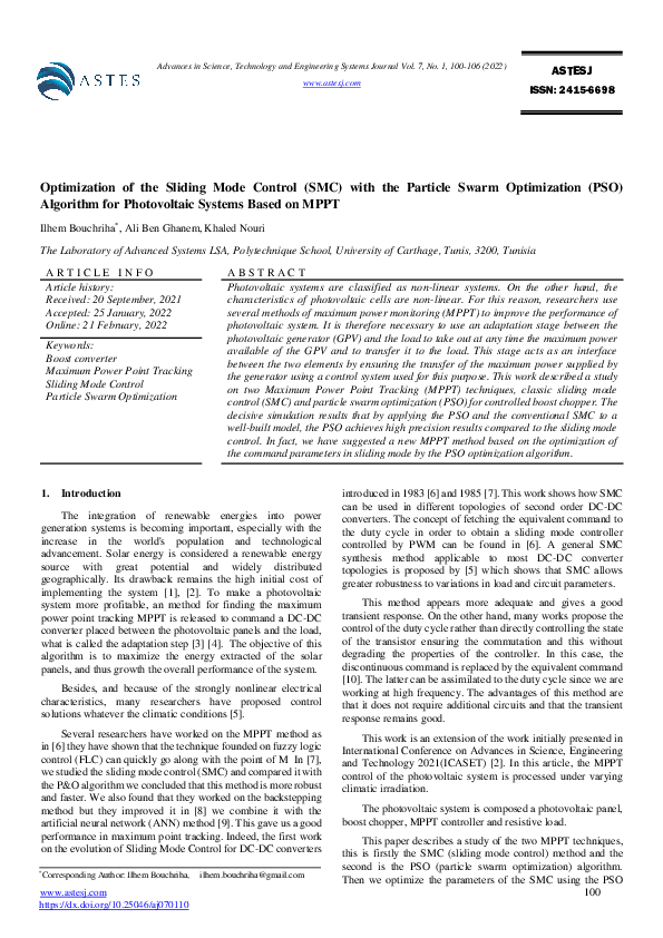 Pdf Optimization Of The Sliding Mode Control Smc With The Particle Swarm Optimization Pso