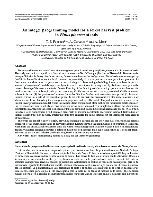 (PDF) An integer programming model for a forest harvest problem in Pinus pinaster stands | Un ...