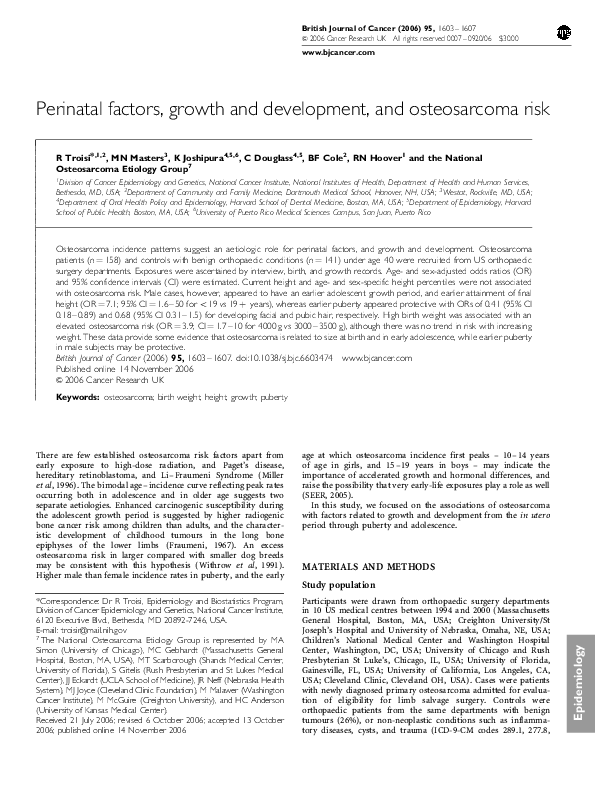 (PDF) Perinatal factors, growth and development, and osteosarcoma risk
