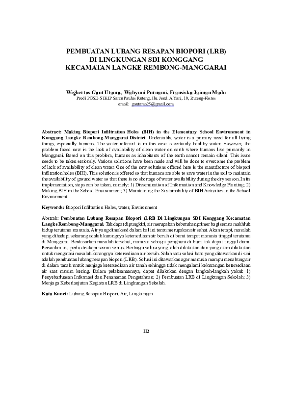(PDF) Pembuatan Lubang Resapan Biopori (LRB Di Lingkungan SDI Konggang Kecamatan Langke Rembong ...