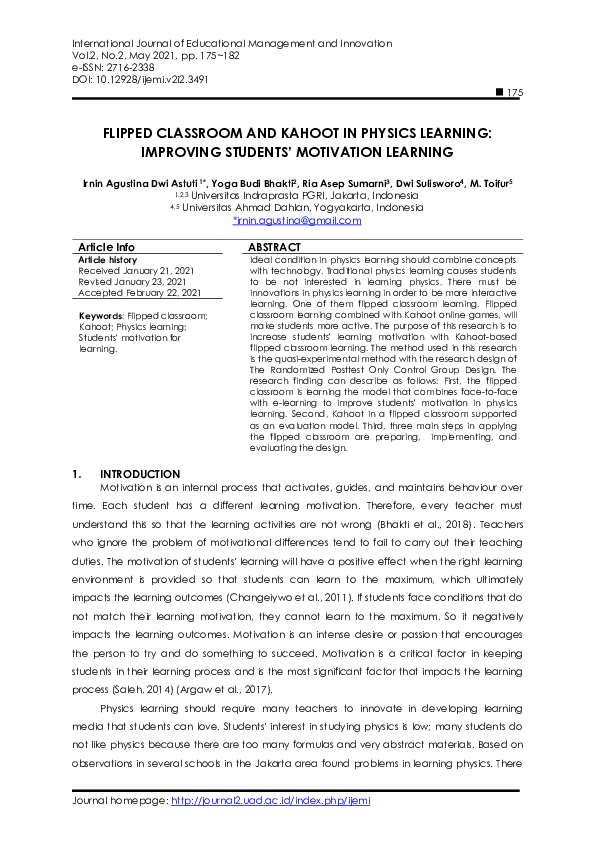 (PDF) Flipped Classroom and Kahoot in Physics Learning: Improving Students’ Motivation Learning