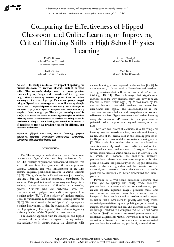 (PDF) Comparing the Effectiveness of Flipped Classroom and Online Learning on Improving Critical ...