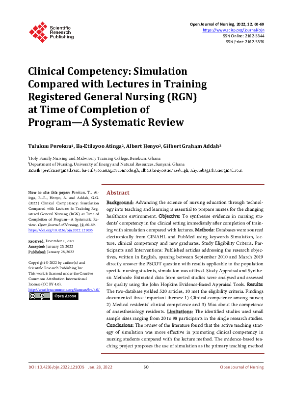 (PDF) Clinical Competency: Simulation Compared with Lectures in Training Registered General ...