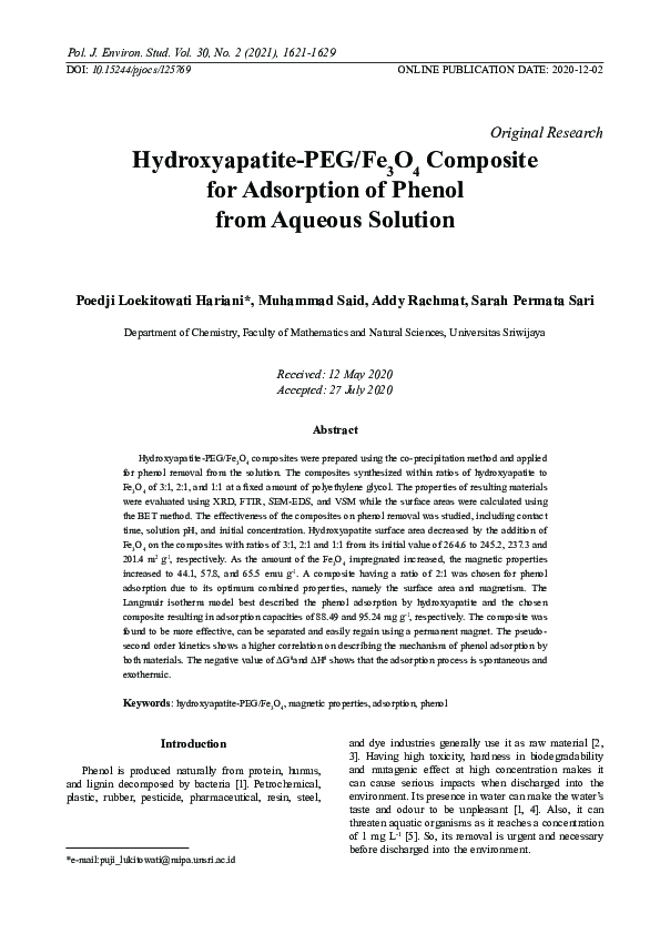(PDF) Hydroxyapatite-PEG/Fe3O4 Composite for Adsorption of Phenol from Aqueous Solution