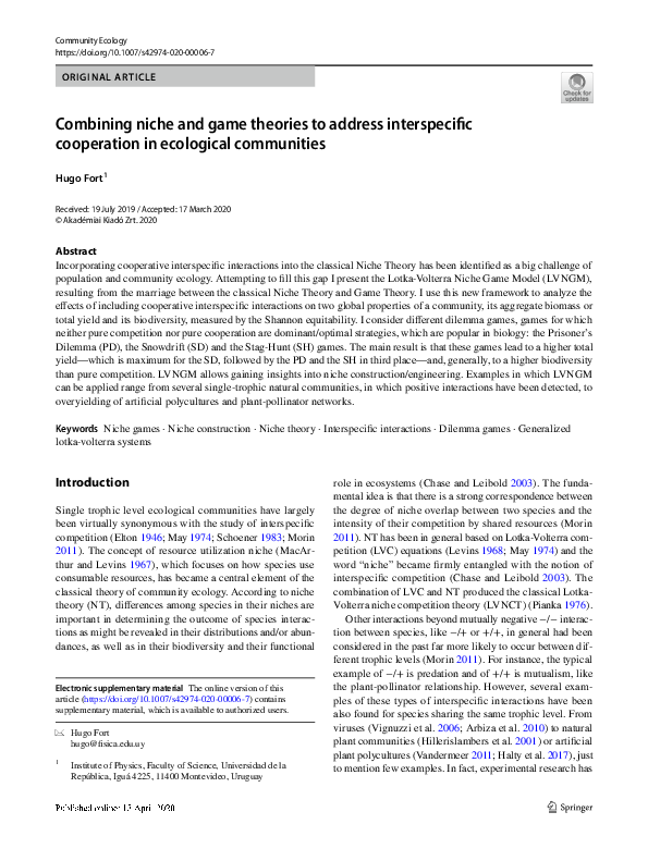 (PDF) Combining niche and game theories to address interspecific ...