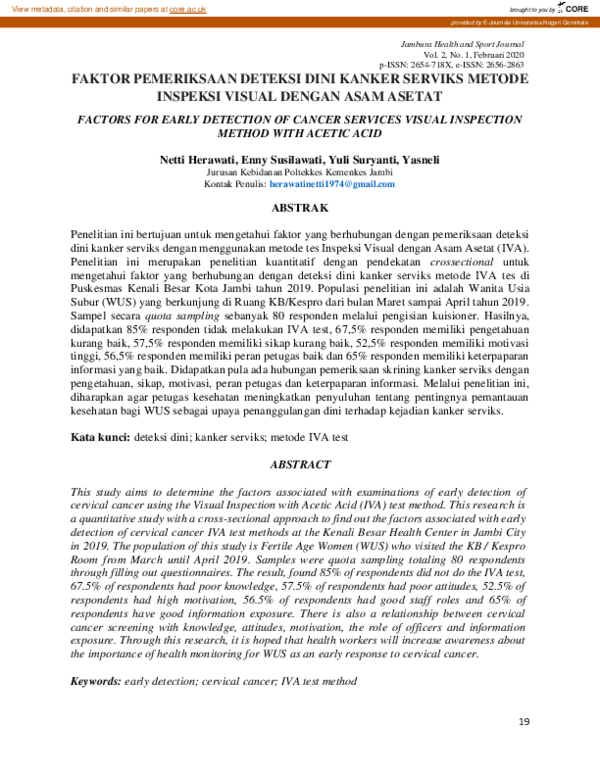 (PDF) Faktor Pemeriksaan Deteksi Dini Kanker Serviks Metode Inspeksi ...