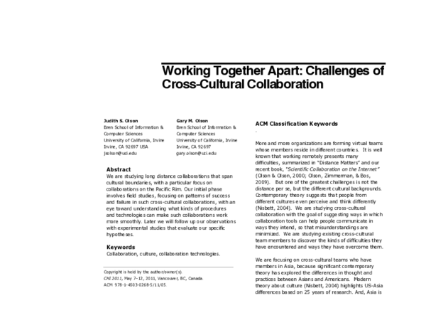 (PDF) Working Together Apart: Challenges of Cross-Cultural Collaboration
