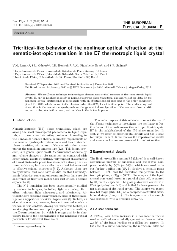 (PDF) Tricritical-like behavior of the nonlinear optical refraction at the nematic-isotropic ...