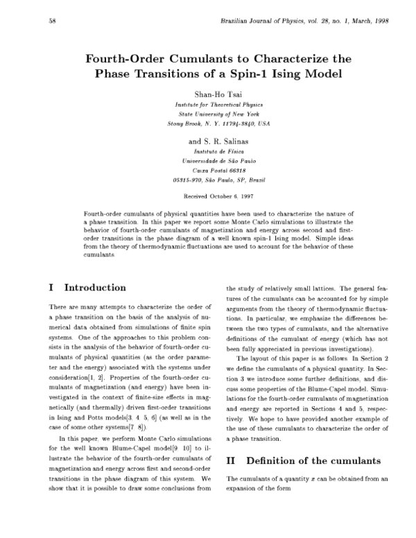 (PDF) Fourth-Order Cumulants to Characterize the Phase Transitions of a Spin-1 Ising Model