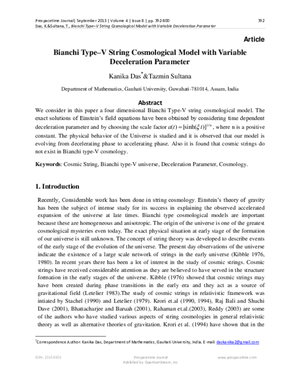 (PDF) Bianchi Type–V String Cosmological Model with Variable Deceleration Parameter