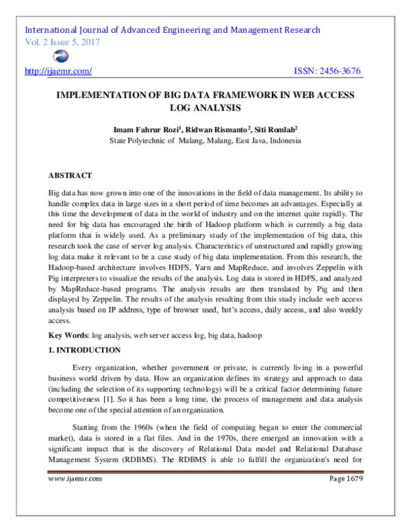 Pdf Implementation Of Big Data Framework In Web Access Log Analysis