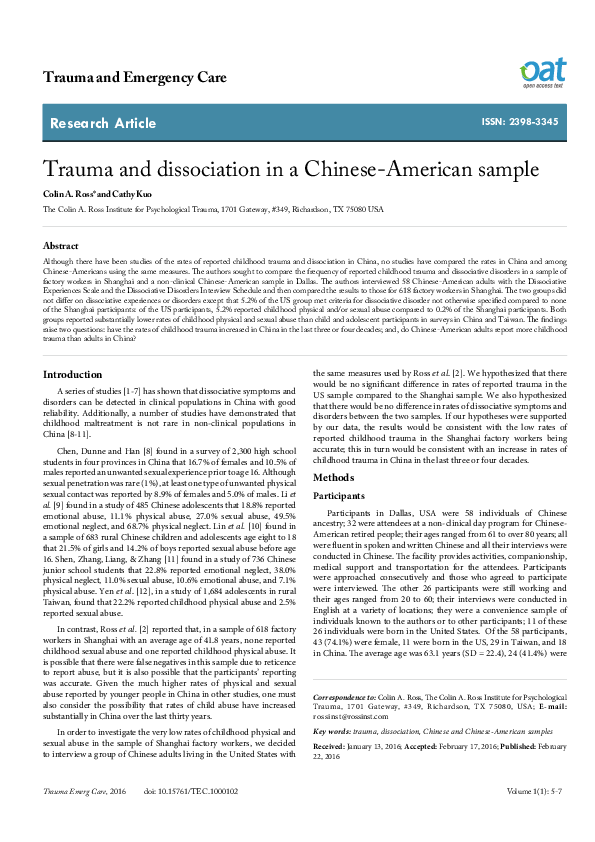 (PDF) Trauma and dissociation in a Chinese-American sample