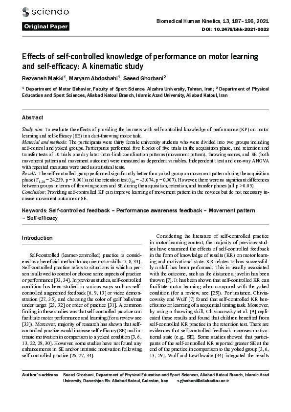 (PDF) Effects of self-controlled knowledge of performance on motor ...
