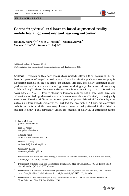 (PDF) Comparing virtual and location-based augmented reality mobile learning: emotions and ...