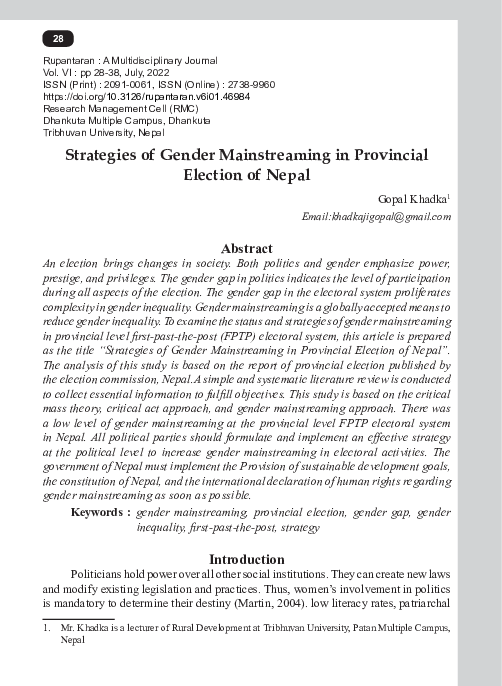 (PDF) Strategies of Gender Mainstreaming in Provincial Election of Nepal