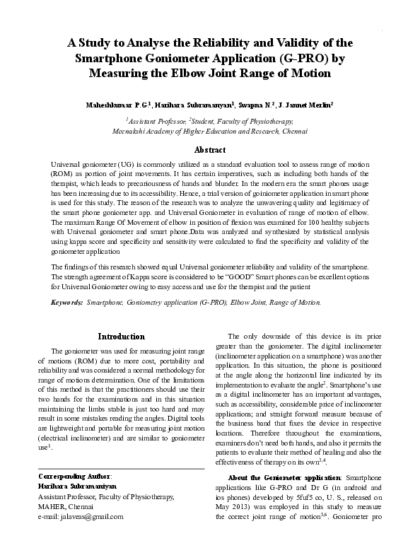 (PDF) A Study to Analyse the Reliability and Validity of the Smartphone Goniometer Application ...