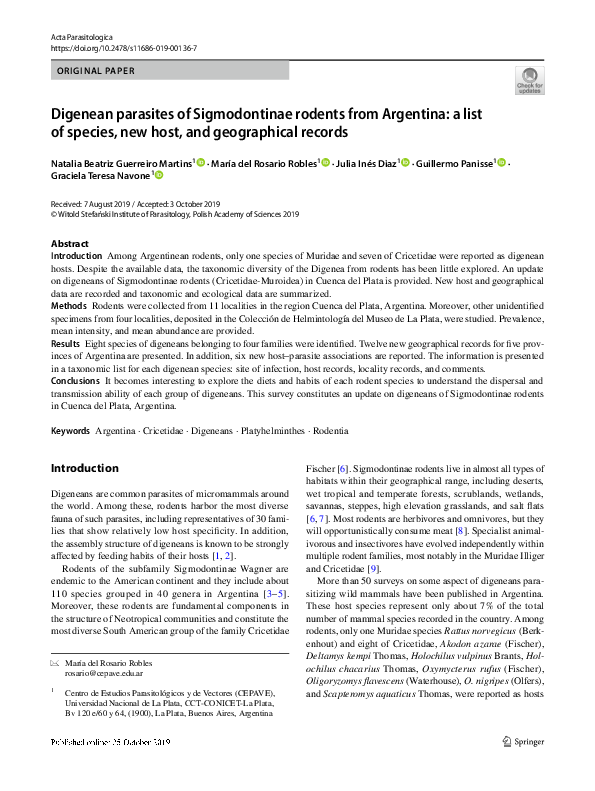 (PDF) Digenean parasites of Sigmodontinae rodents from Argentina: a ...
