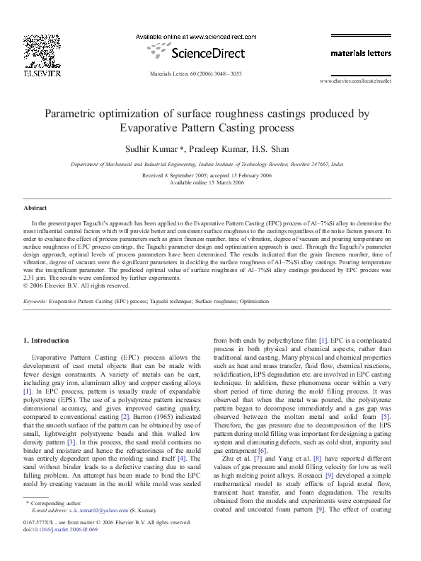 Pdf Parametric Optimization Of Surface Roughness Castings Produced By