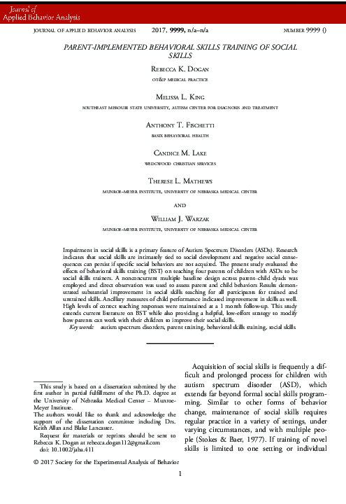 (PDF) Parent-implemented behavioral skills training of social skills