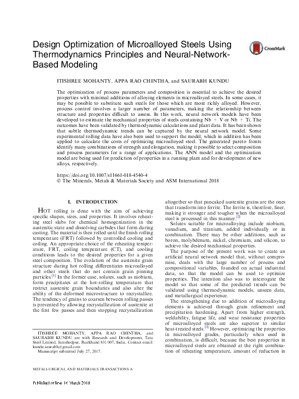 (PDF) Design Optimization of Microalloyed Steels Using Thermodynamics Principles and Neural ...