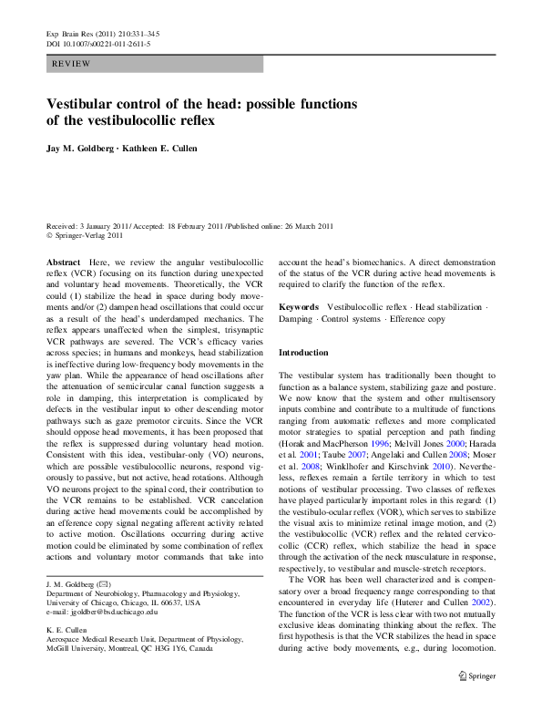(PDF) Vestibular control of the head: possible functions of the ...