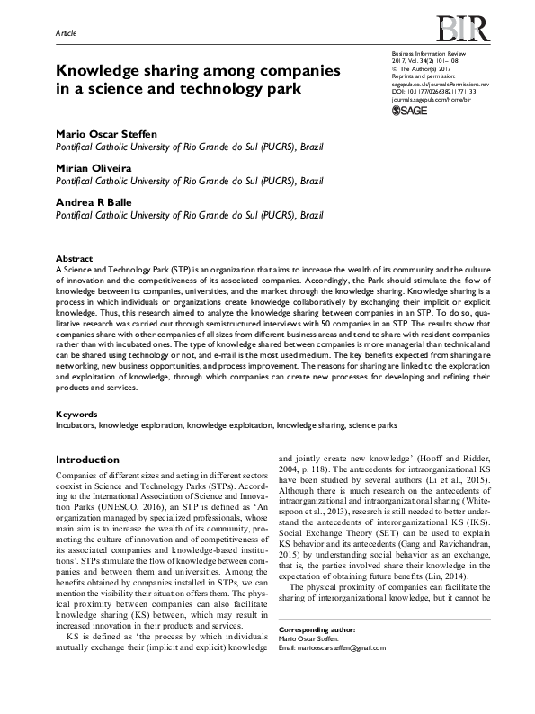(PDF) Knowledge sharing among companies in a science and technology park