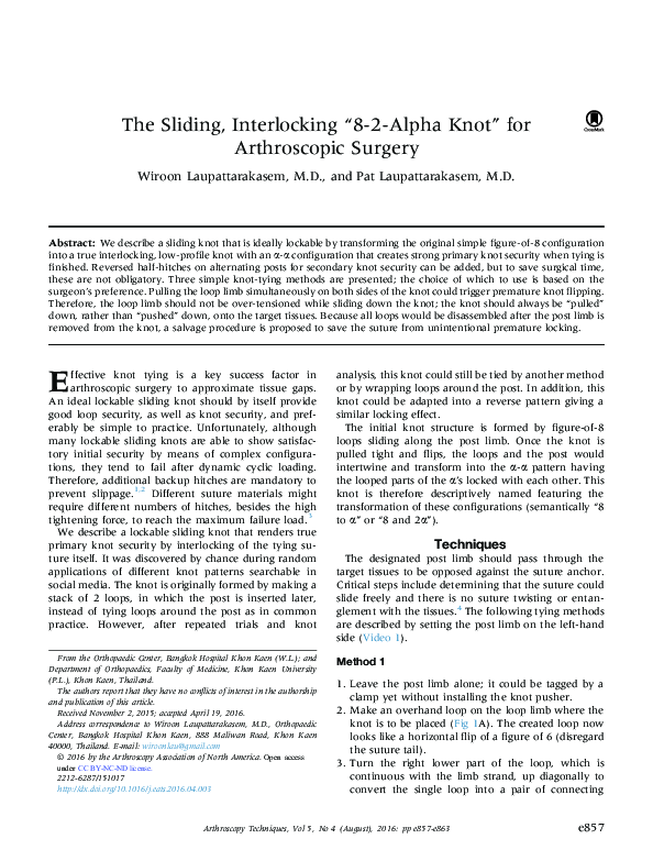 (PDF) The Sliding, Interlocking “8-2-Alpha Knot” for Arthroscopic Surgery