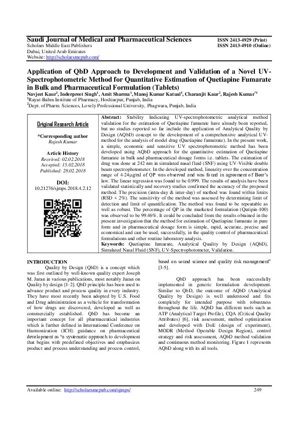 Pdf Application Of Qbd Approach To Development And Validation Of A Novel Uv