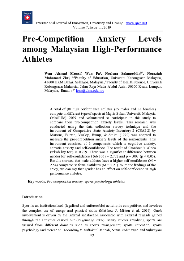 (PDF) Pre-competition anxiety levels among Malaysian high-performance ...