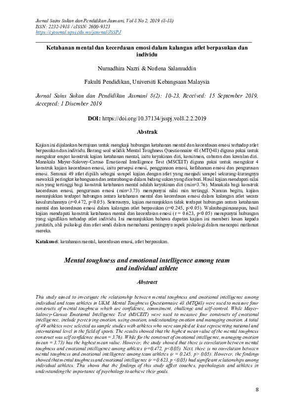 (PDF) Ketahanan mental dan kecerdasan emosi dalam kalangan atlet berpasukan dan individu