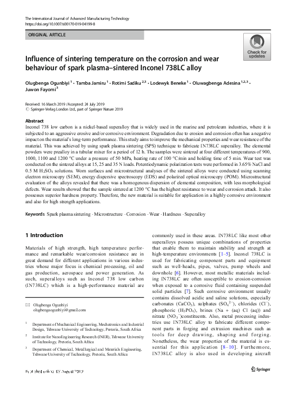 (PDF) Influence of sintering temperature on the corrosion and wear behaviour of spark plasma ...