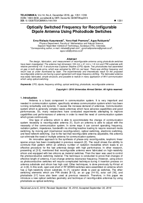 Pdf Optically Switched Frequency For Reconfigurable Dipole Antenna