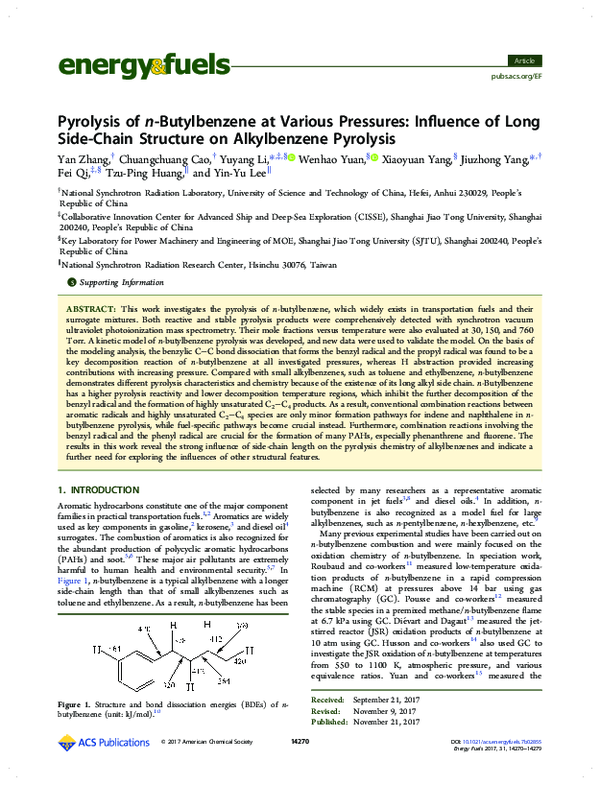 (PDF) Pyrolysis of n-Butylbenzene at Various Pressures: Influence of ...