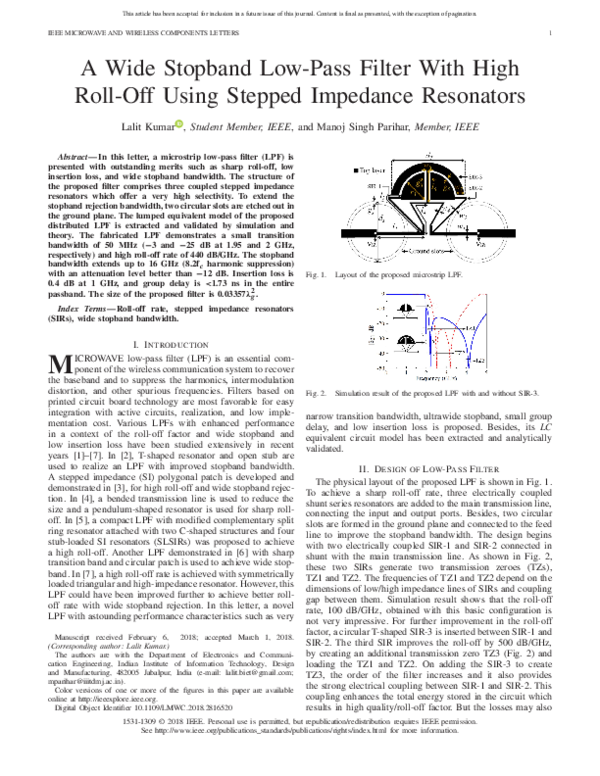 (PDF) A Wide Stopband Low-Pass Filter With High Roll-Off Using Stepped Impedance Resonators