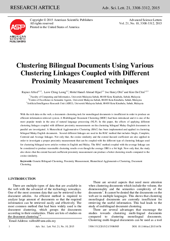 Pdf Clustering Bilingual Documents Using Various Clustering Linkages Coupled With Different