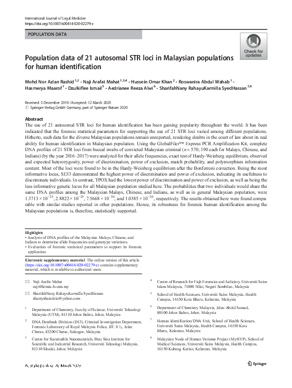 (PDF) Population data of 21 autosomal STR loci in Malaysian populations ...