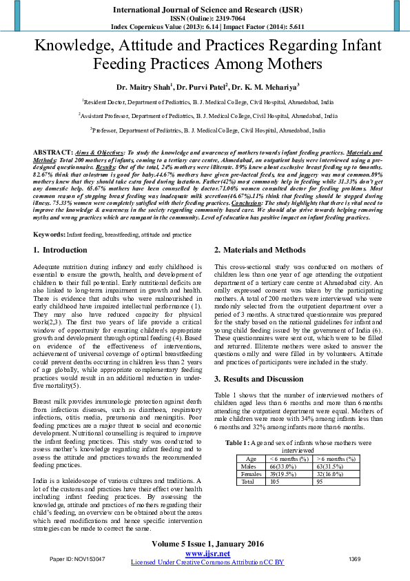 (PDF) Knowledge, Attitude and Practices Regarding Infant Feeding Practices Among Mothers