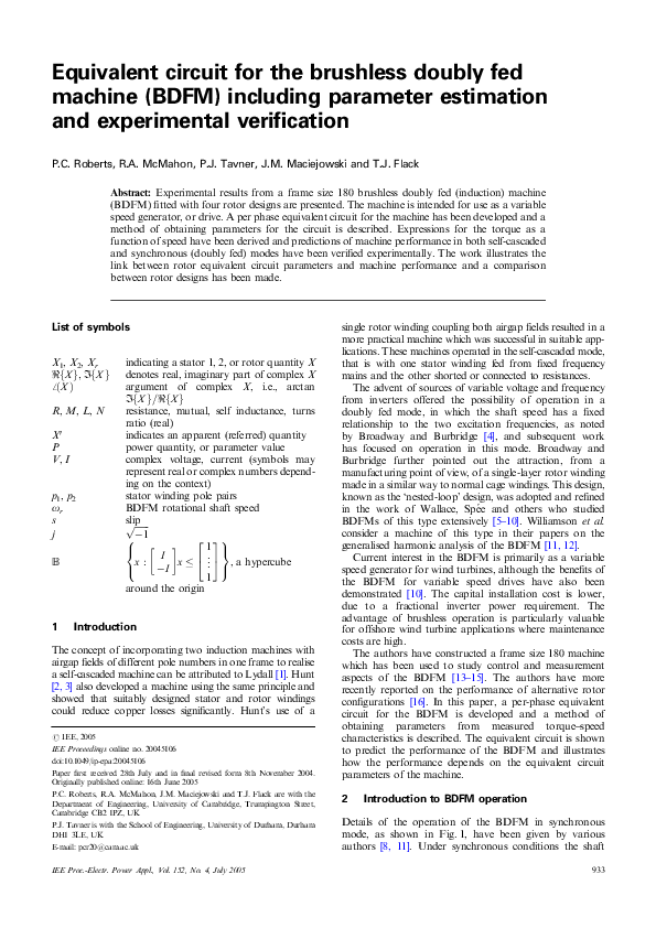 (PDF) Equivalent circuit for the brushless doubly fed machine (BDFM) including parameter ...
