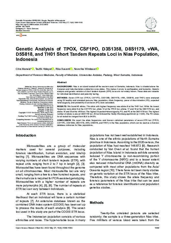 (PDF) Genetic Analysis of TPOX, CSF1PO, D3S1358, D8S1179, vWA, D5S818 ...