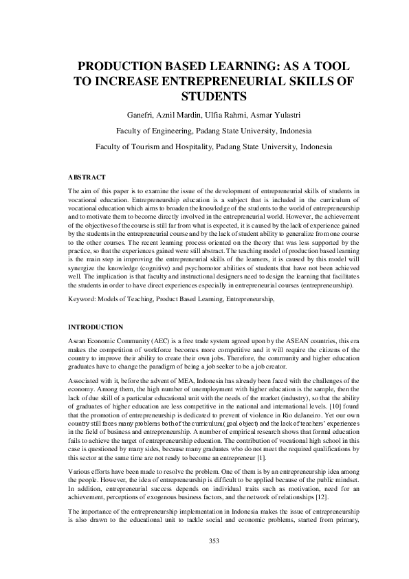 (PDF) Production Based Learning: As a Tool to Increase Entrepreneurial ...