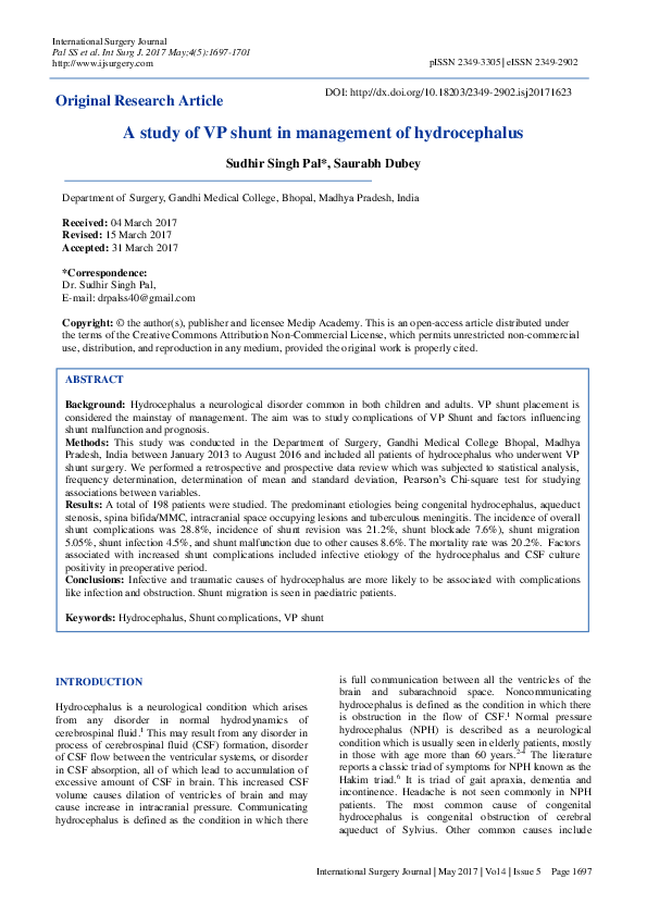 (PDF) A study of VP shunt in management of hydrocephalus