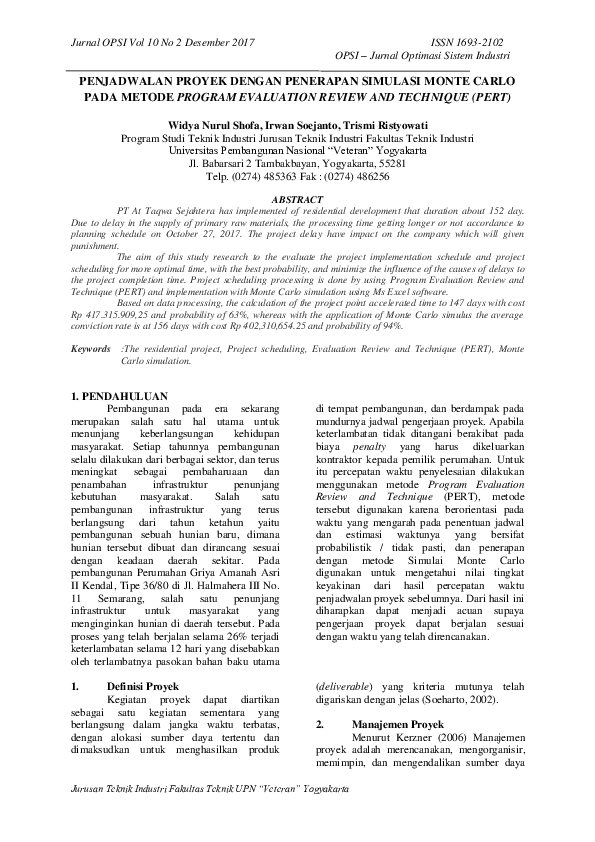 (PDF) Jurnal Optimasi Sistem Industri PENJADWALAN PROYEK DENGAN PENERAPAN SIMULASI MONTE CARLO ...